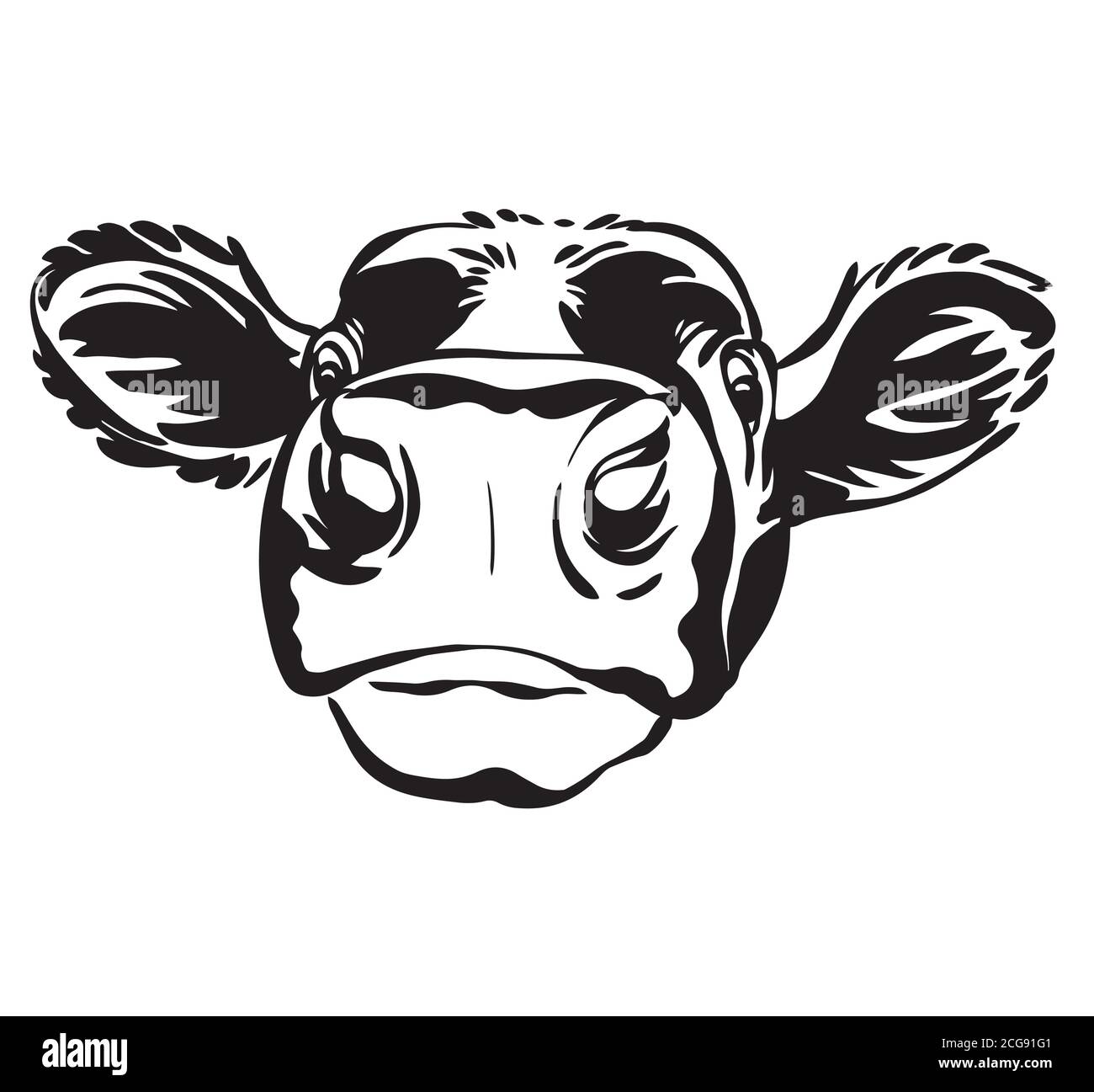 Decorative cute portrait of calf vector illustration in black color ...