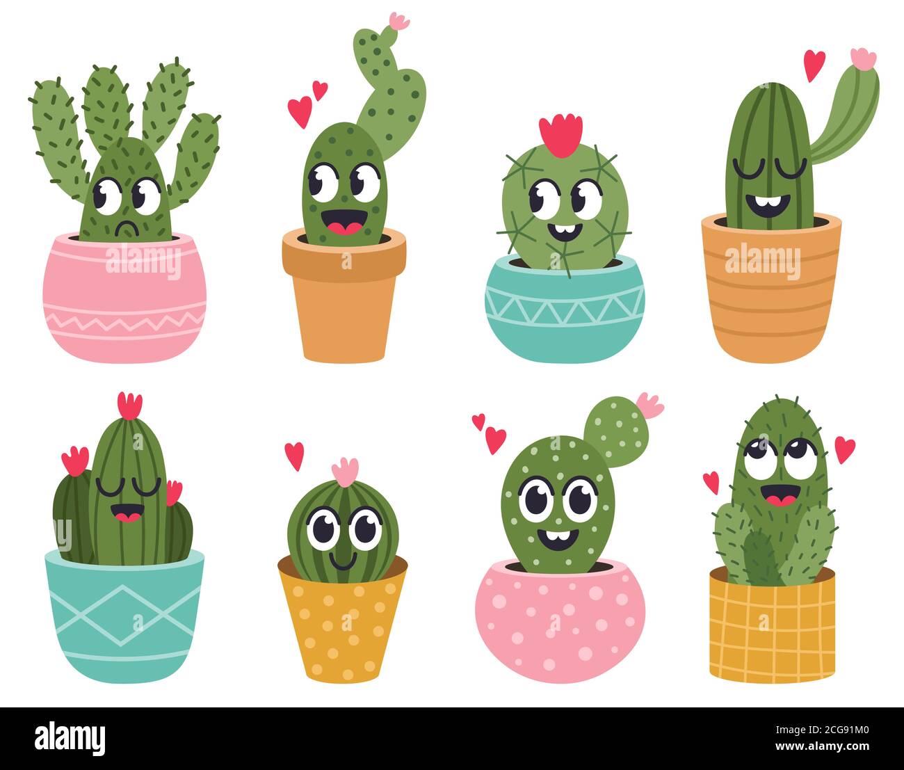 Cute cactus faces. Funny succulent cacti face, tropical prickly potted ...