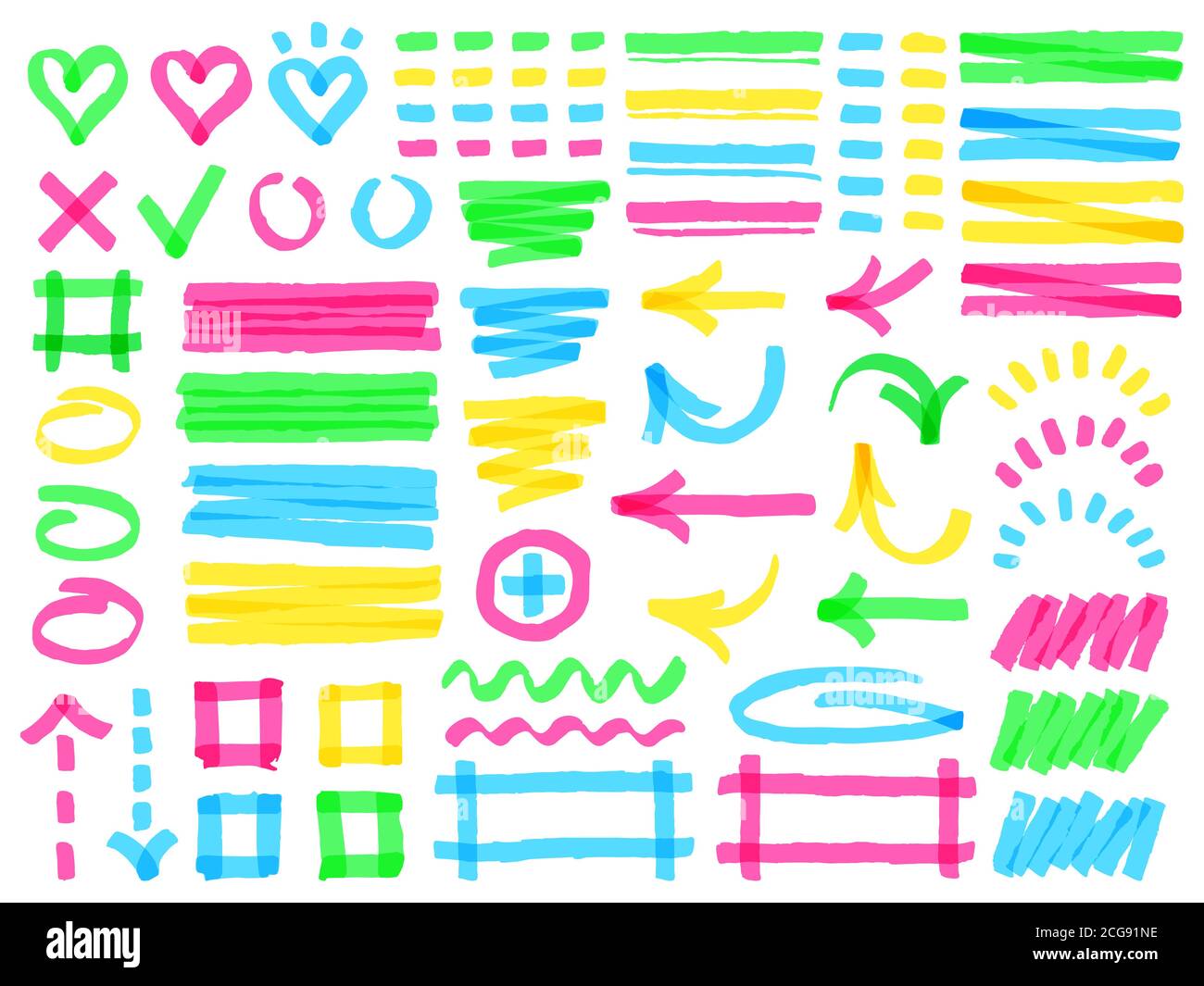 Highlight markers. Colorful marker strokes, yellow highlights arrows ...