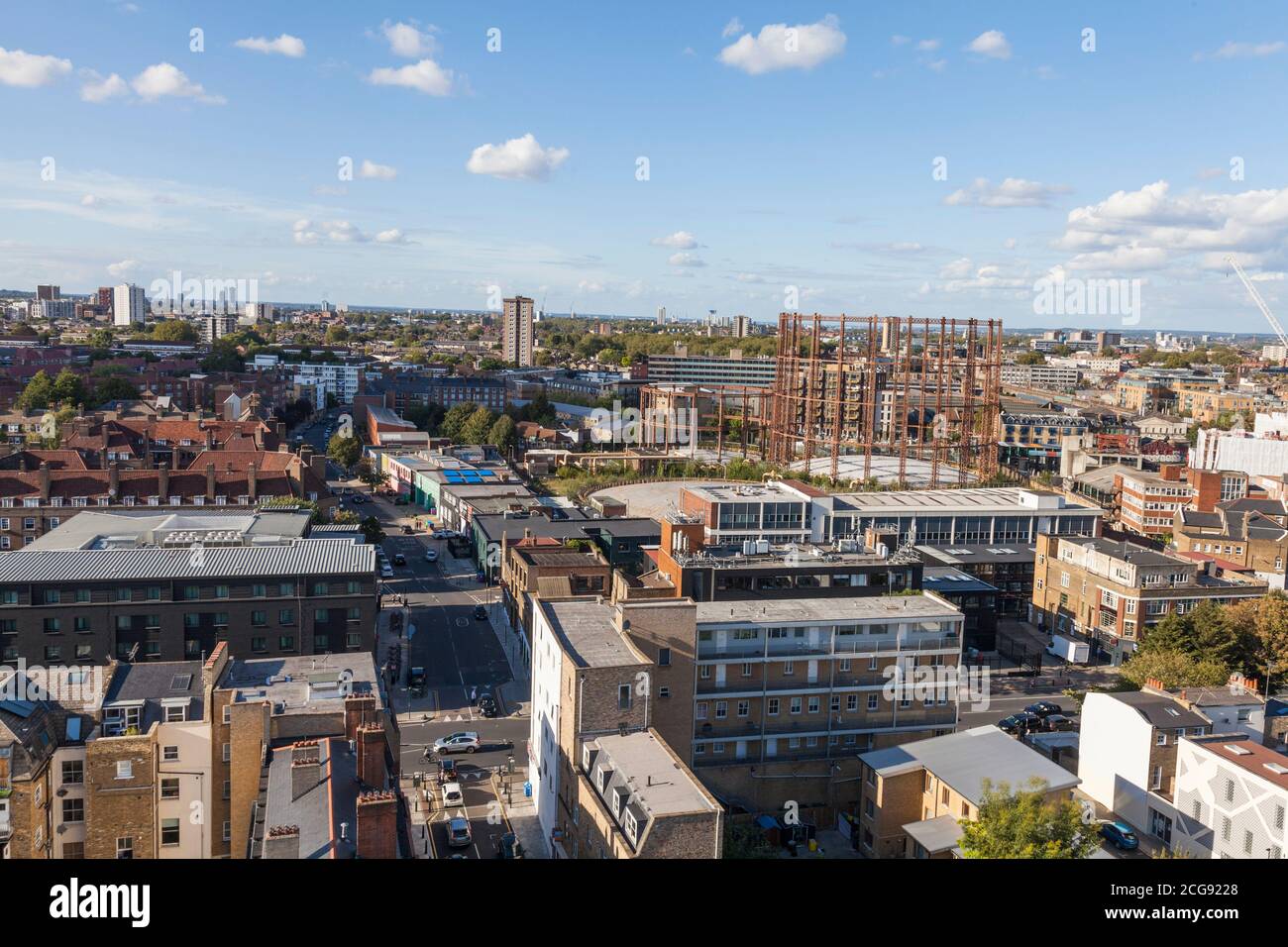 London skyline,England,UK viewed from Tower Hamlets with a large gas ...