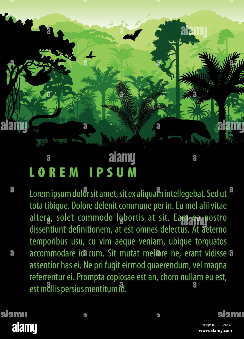 vector rainforest animals silhouettes in sunset design template Stock ...