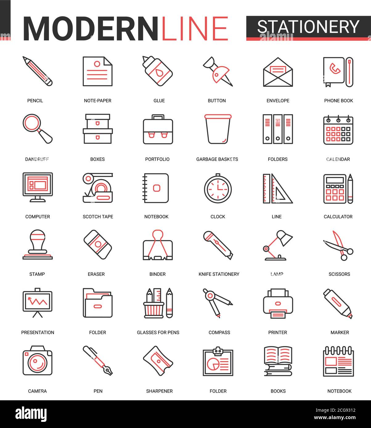 Stationery thin red black line icon vector illustration set. Linear ...