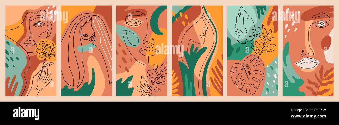 Female abstract posters. Contemporary outline girls faces, trendy ...