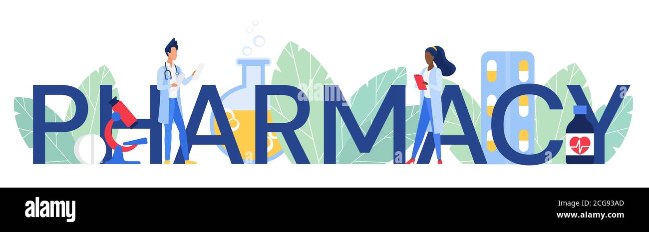 Pharmacy word vector illustration. Cartoon flat pharmaceutical medical ...