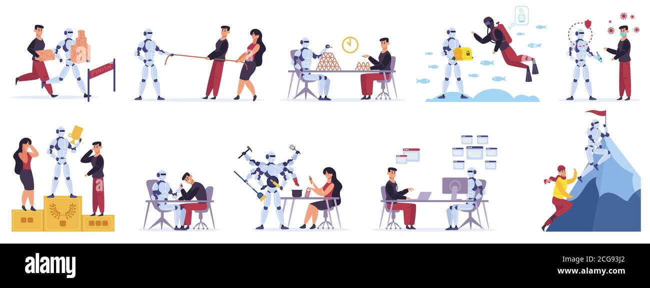 Human versus robot. Artificial intelligence competing person, robot vs ... Human versus robot. Artificial intelligence competing person, robot vs ...