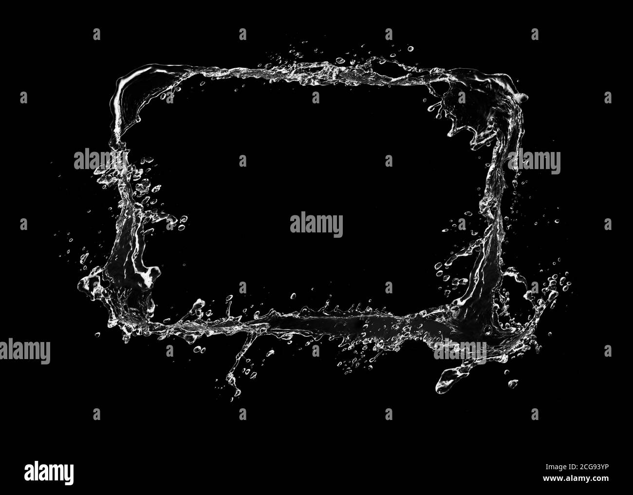 Water rectangle splash isolated on black background. Abstract closeup ...