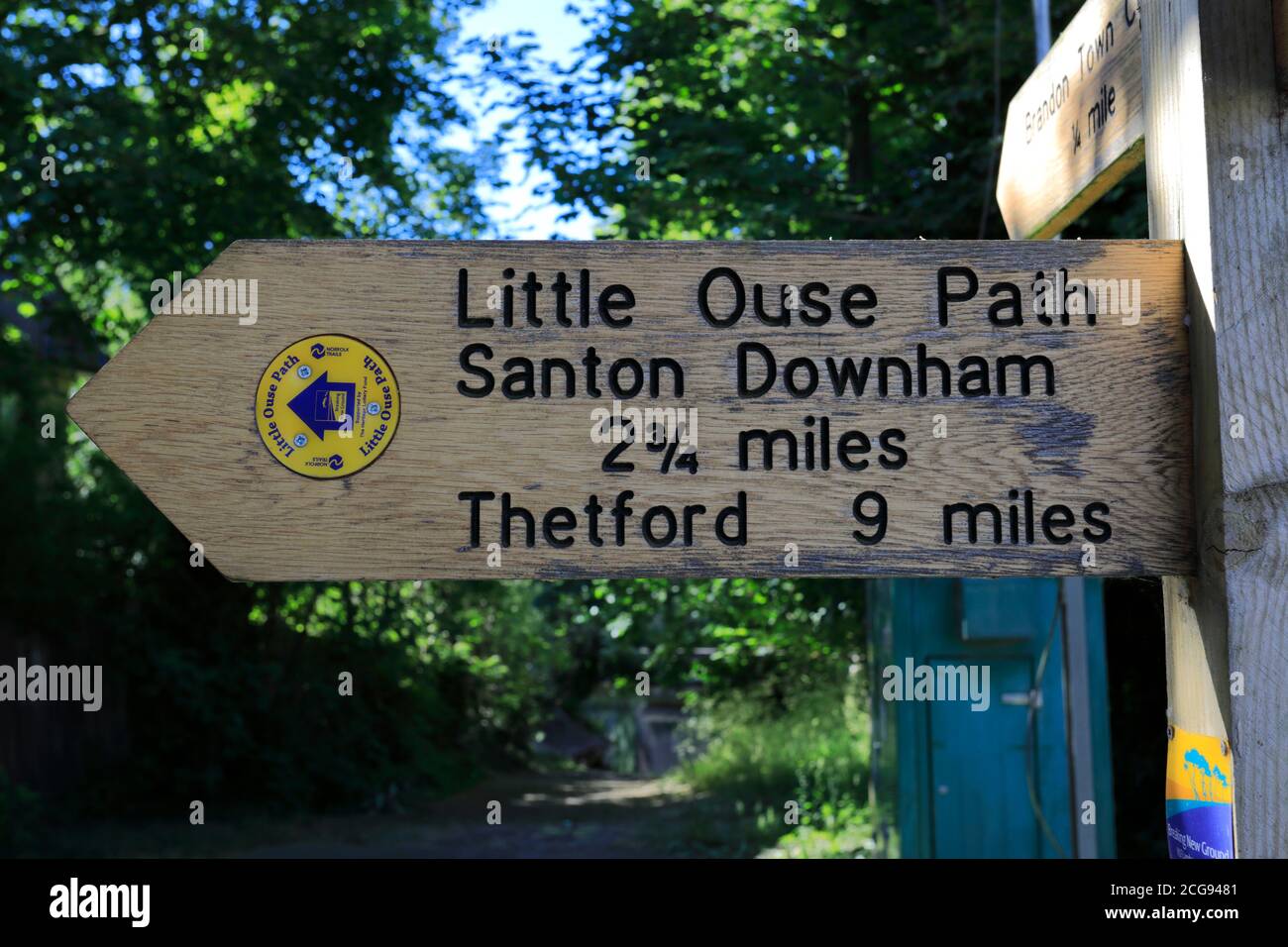 Summer view of the Little Ouse river path sign, Brandon town, Norfolk ...