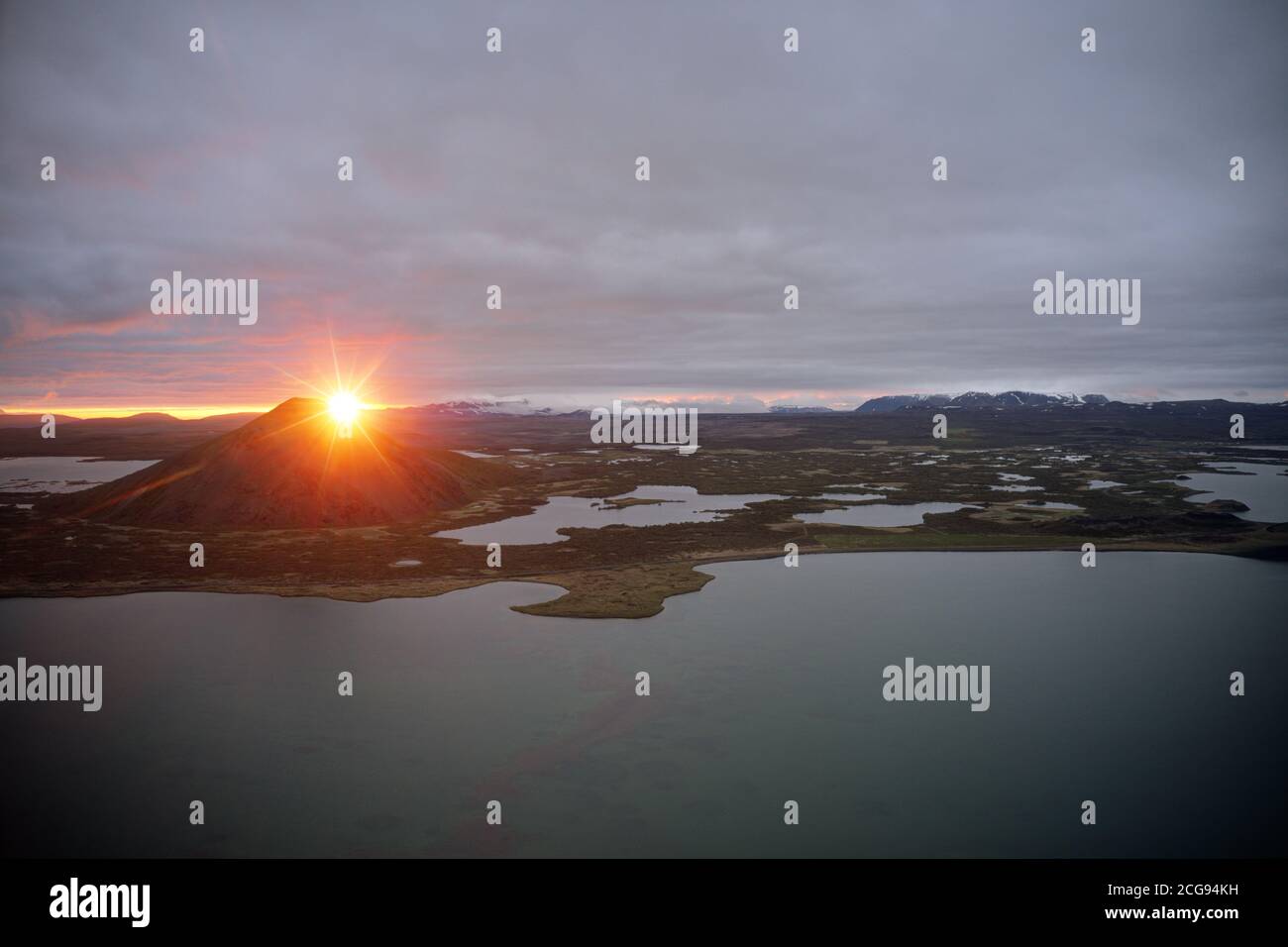 Aerial panoramic view of Icelandic landscape with sunset. Wide angle ...