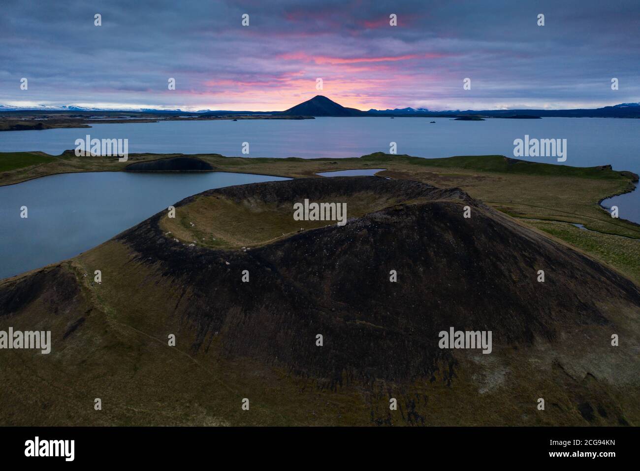 Aerial panoramic view of Icelandic landscape with sunset. Wide angle ...