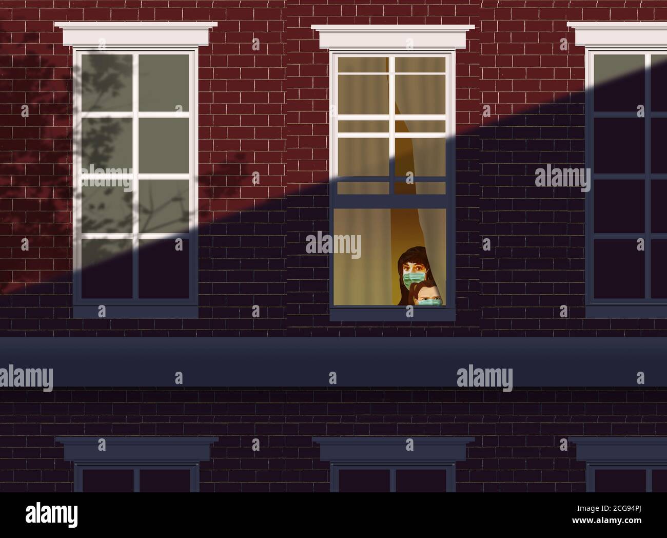 A mother and daughter wearing medical masks peer out of their apartment ...