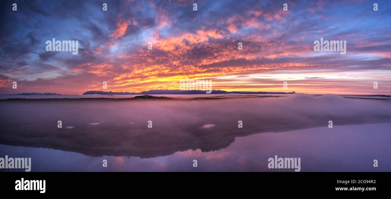 Aerial panoramic view of Icelandic landscape with sunset. Wide angle ...