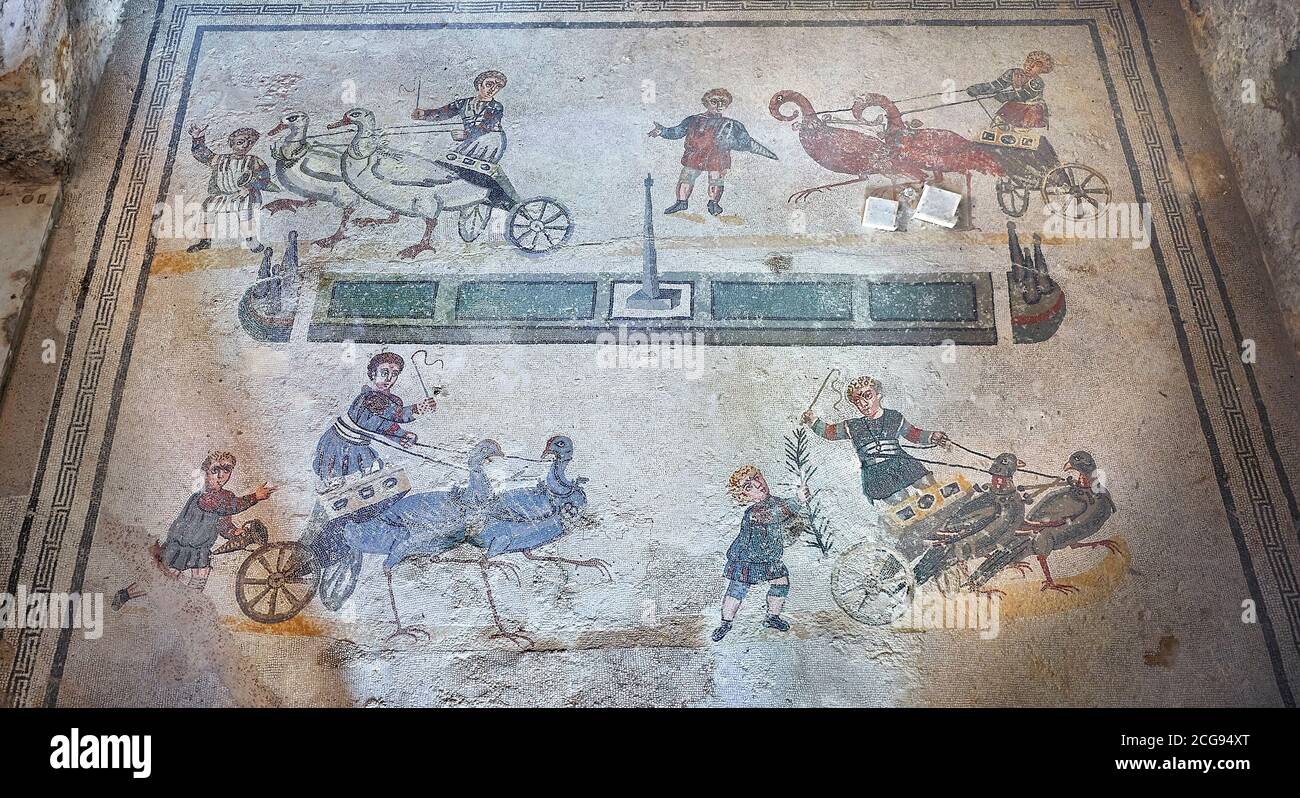 Wide picture of the Roman mosaics of the room of the Small Circus ...