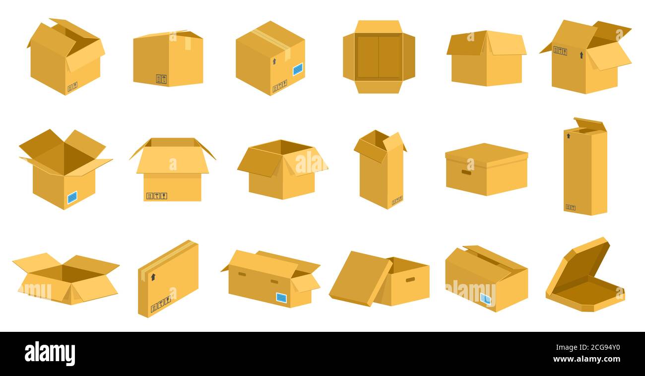 Storage cardboard boxes. Packaging delivery cardboard box, brown postal parcel package, open and ...