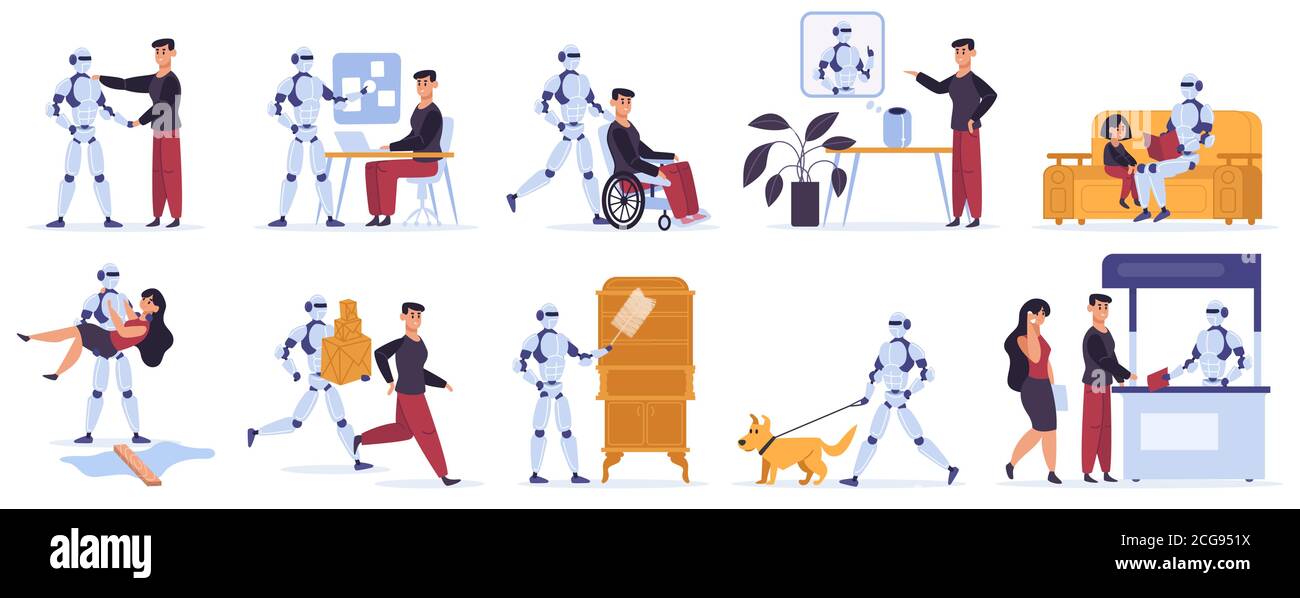 Robot helps human. Artificial intelligent personal assistant, robotic ...