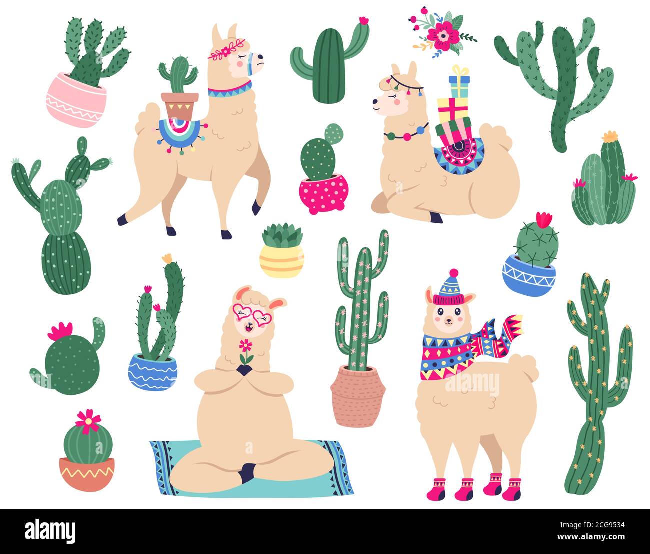 Llamas and cactus. Mexican cute alpaca with desert plants, funny ...