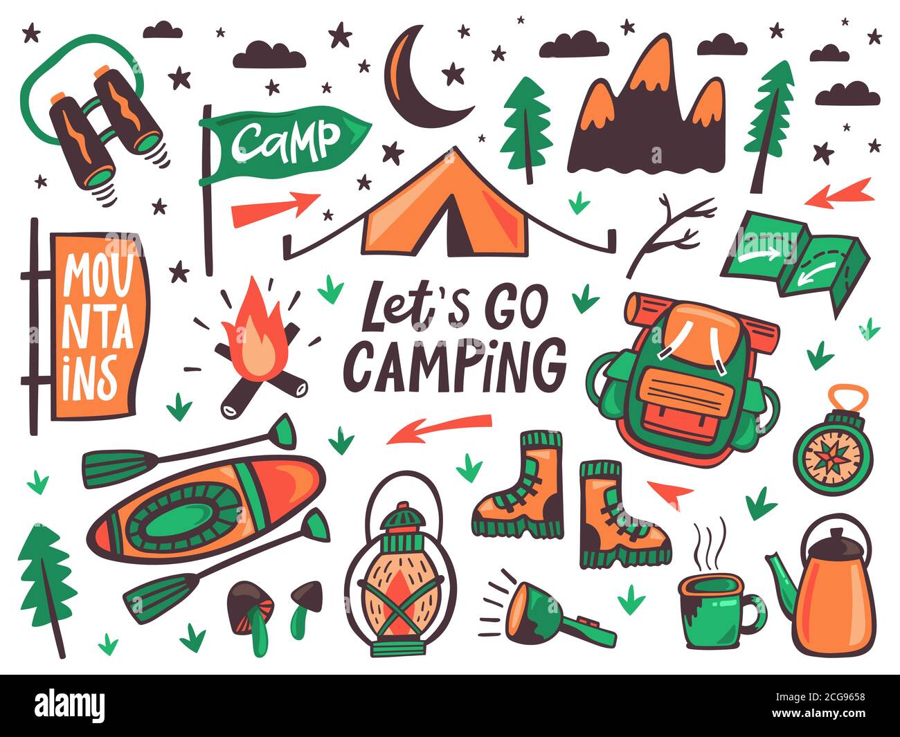 Camping outdoor elements. Summer camp, hiking recreation signs, kayak ...