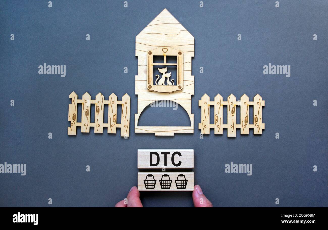 Wooden block form the word 'DTC' and food basket icon near miniature ...