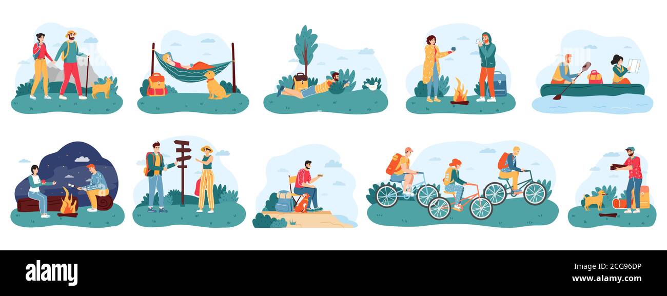 Outdoor activity tourism. Camping and hiking adventure travel, male and ...