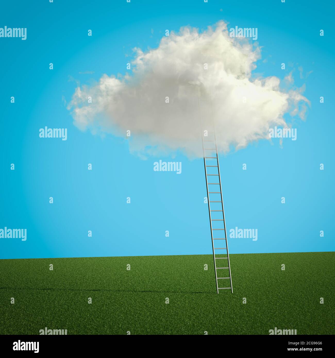 Success concept: A ladder leaning against a real cloud. The sky is the ...