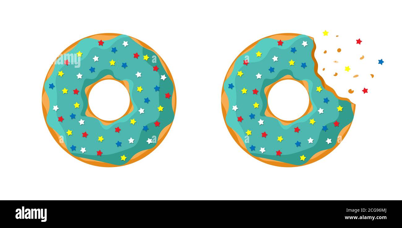 Cartoon colorful tasty donut whole and bitten set isolated on white ...