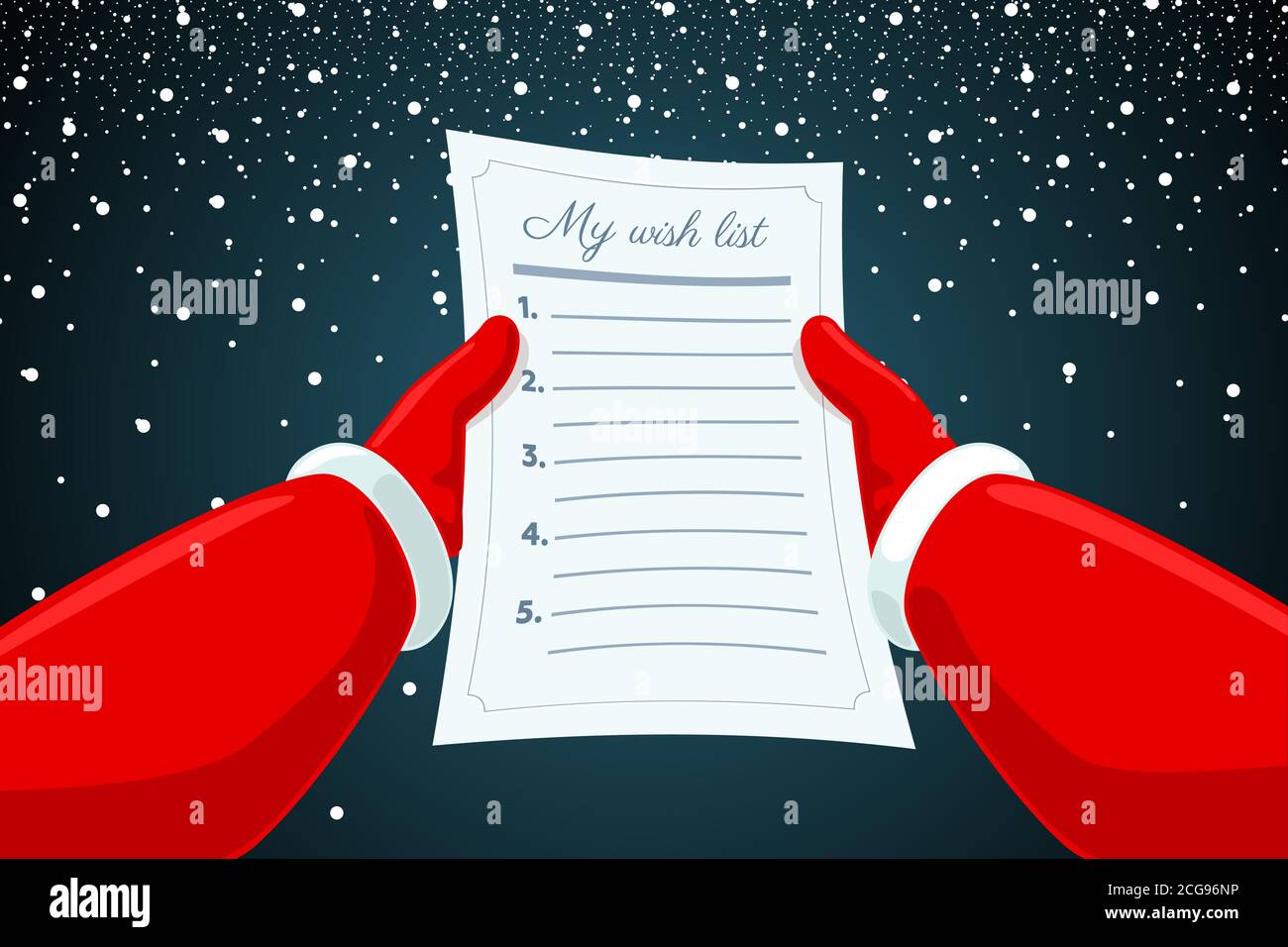 Santa Claus hands holding and reading letter wish list paper on snowy ...