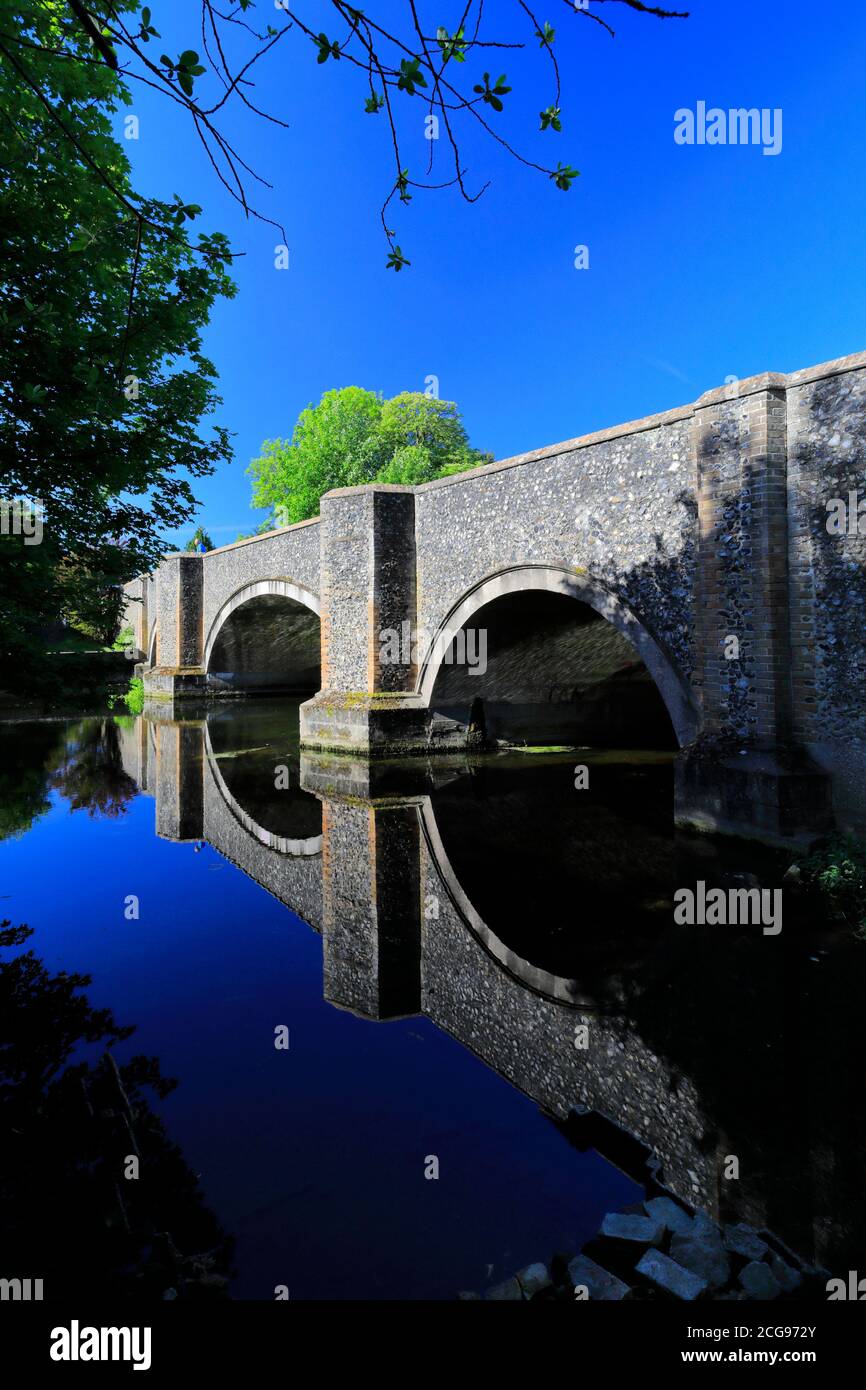 Summer view of the Little Ouse river bridge, Brandon town, Norfolk ...