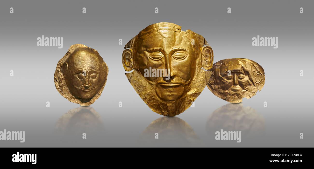 Mycenaean gold death masks from Grave Circle A, centre mask of ...