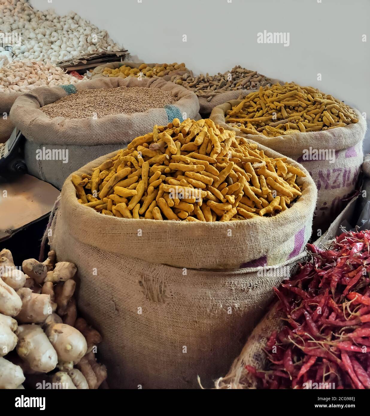 Dhaka, Bangladesh - 06 july 2020: Spice market. Colorful spices and herbs are displayed in a ...