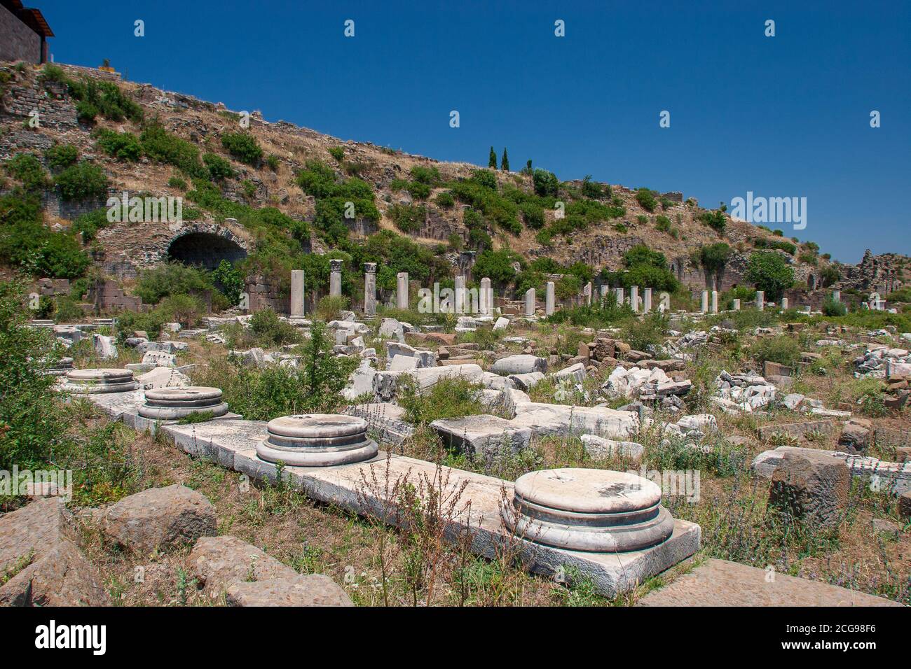 Bergama Acropolis. Temple of Trajan and archways in the ruins of the ...