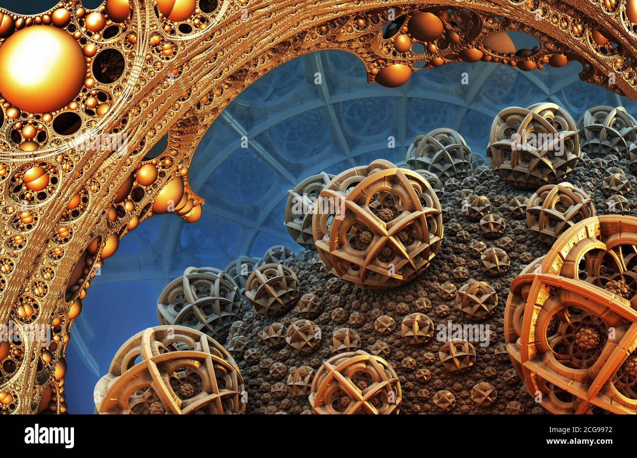 Abstract background, fantastic 3D gold structures, render illustration ...