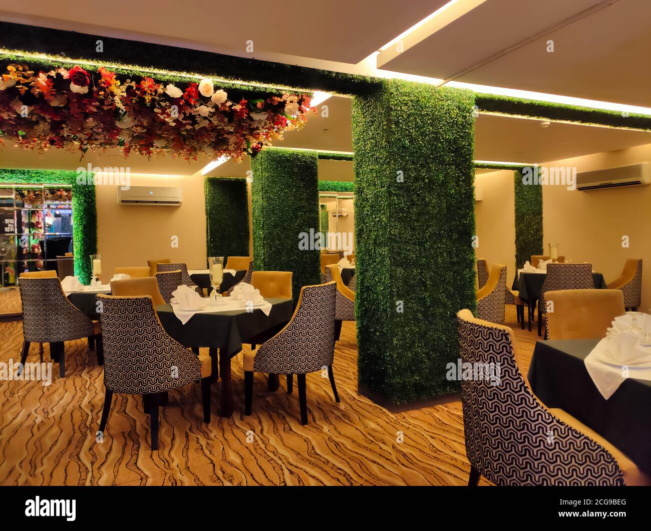 02 Sep 2020, Dhaka, Bangladesh. Stylish wooden interior of a restaurant ...