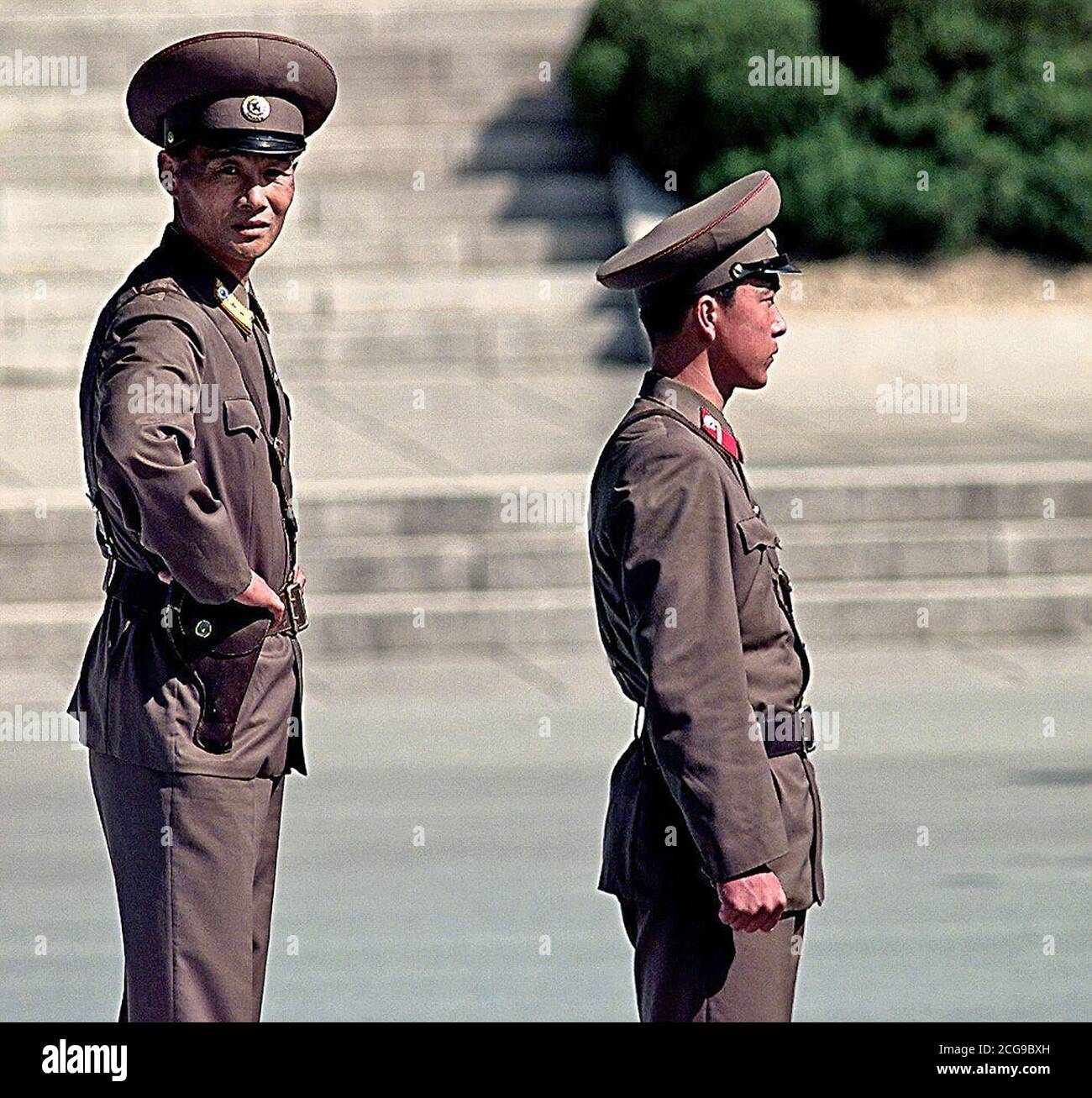 North Korean guards stand at their post providing protection for a ...