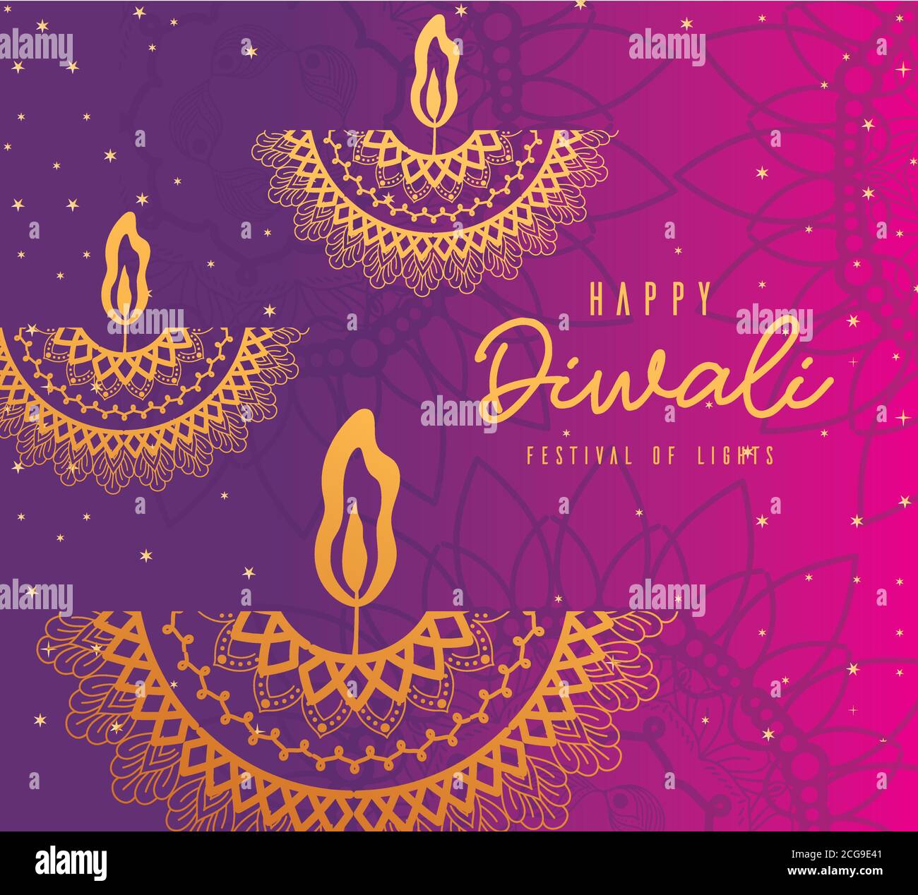 Happy diwali gold mandala candles on pink and purple gradient ...