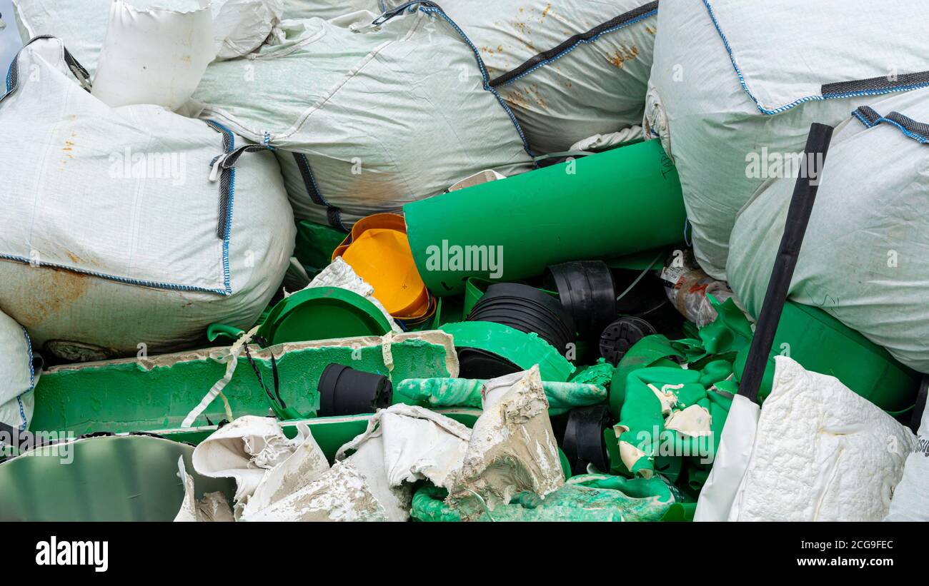 Oslo, Norway, 25.05.2020: plastic garbage, wooden waste at the sorting ...