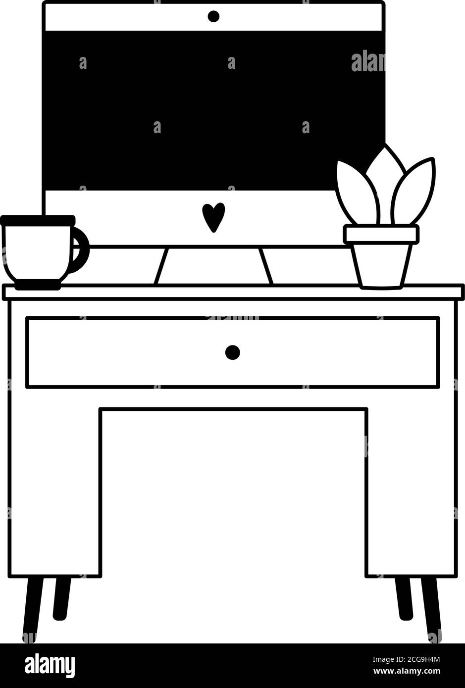 workspace table with computer coffee cup and plant isolated icon line ...