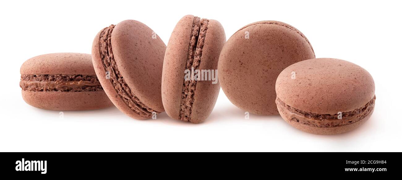 Five chocolate macaroons in a row isolated on white background Stock ...