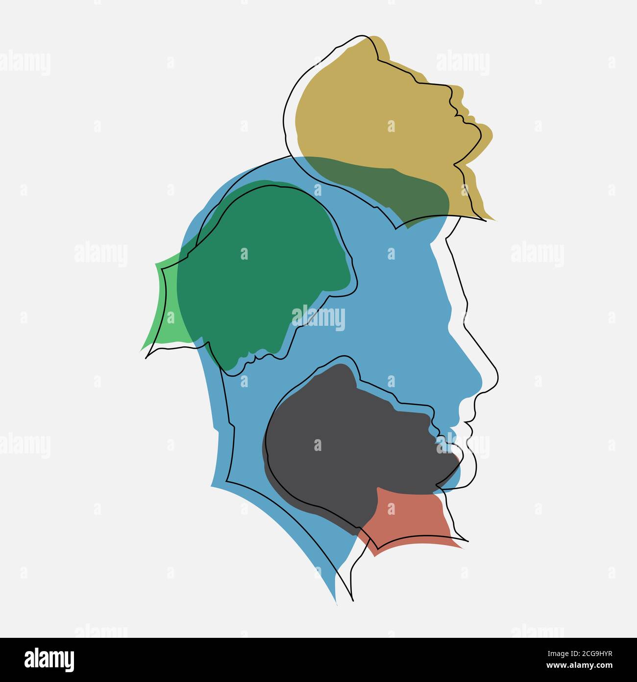 concept of personality diversity. two contours and silhouettes of a ...