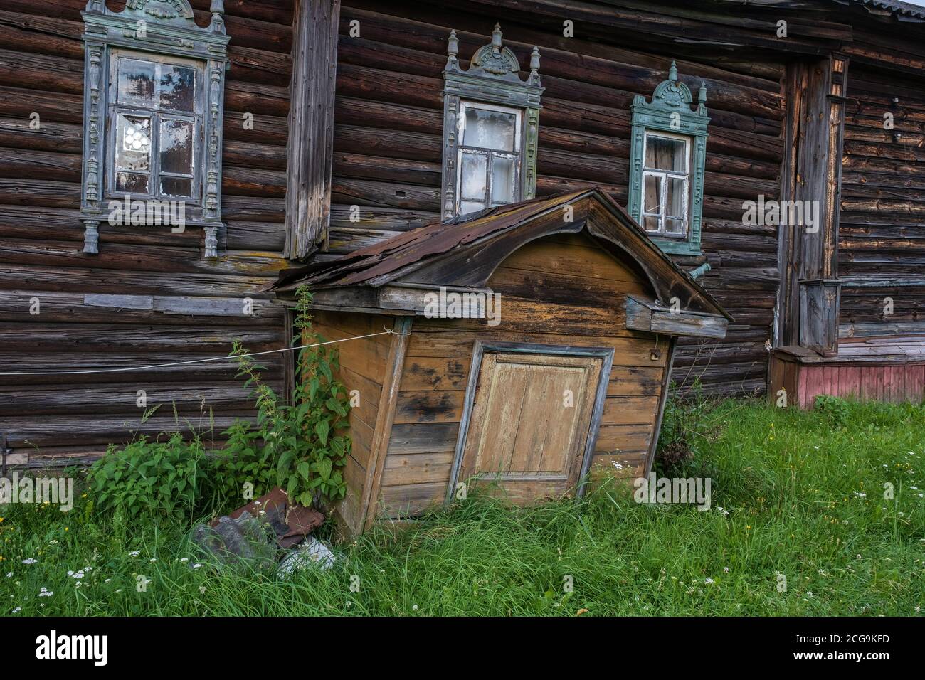 Entrance to the basement of an old wooden village house, Krasnye Gory ...
