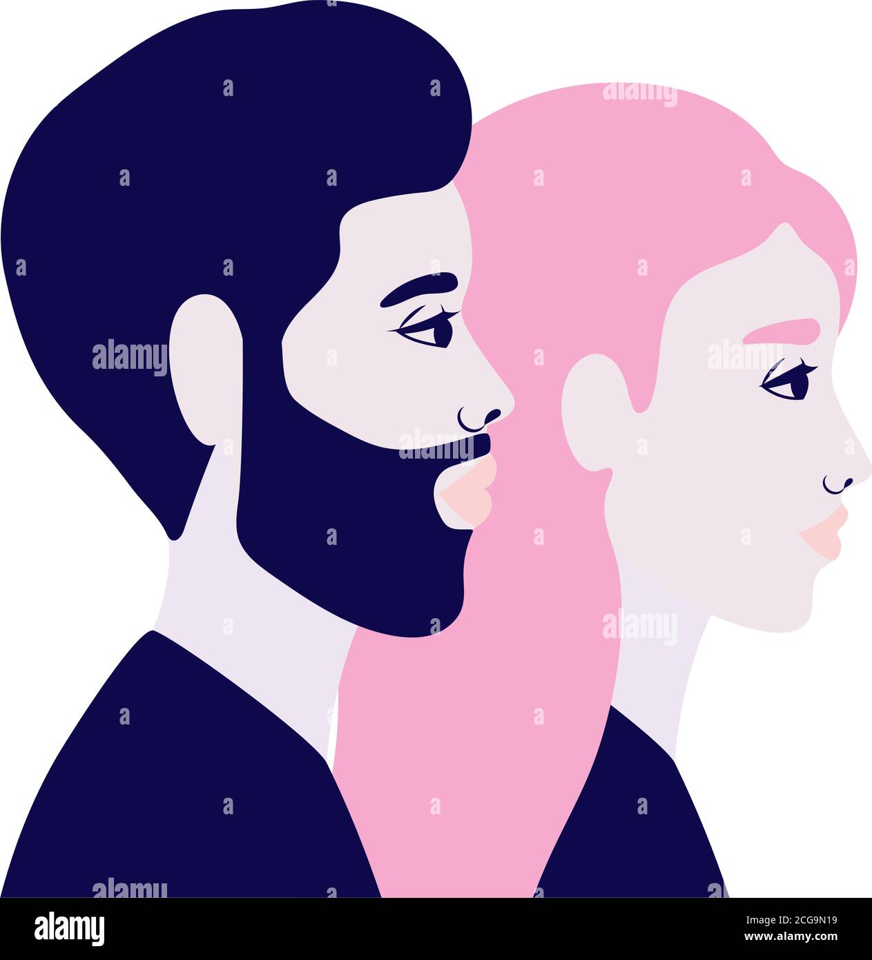 woman and man cartoon in side view in blue and pink colors vector ...