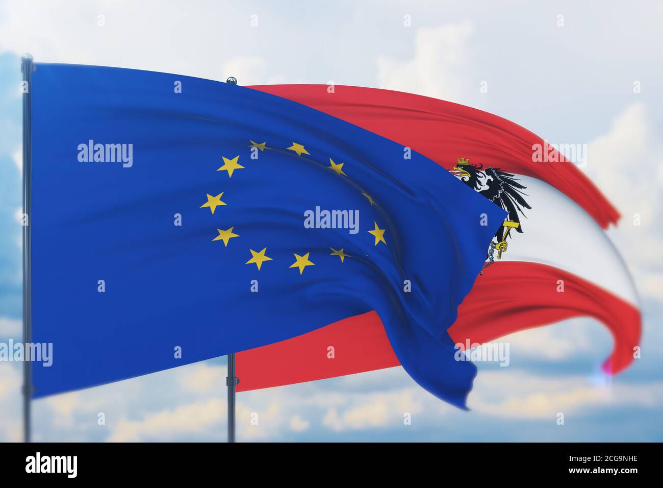 Waving European Union flag and flag of Austria state. Closeup view, 3D ...