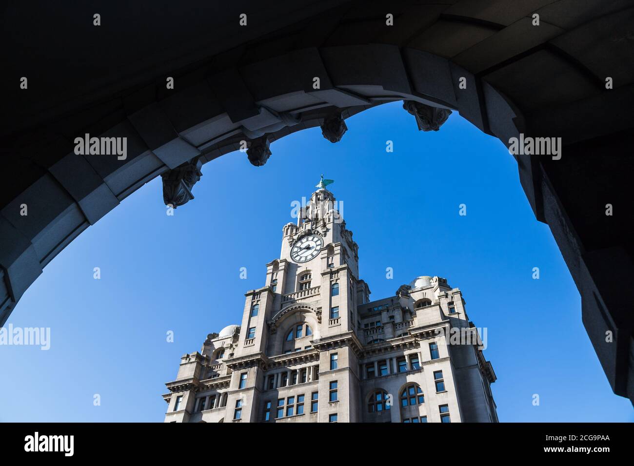Royal Liver Building seen under a clear blue sky during September 2020 ...