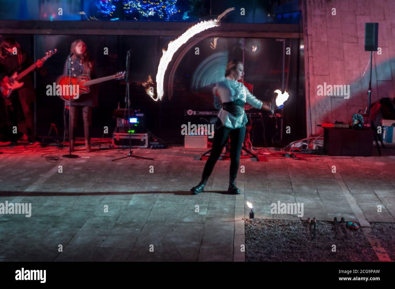 Timisoara, Romania - December 19, 2017: Abstract fire trails on a fire ...