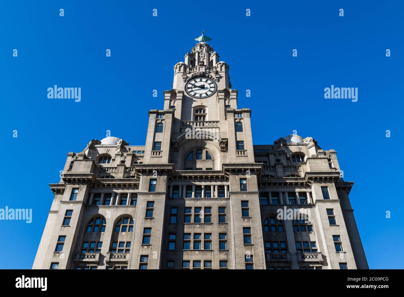 Royal Liver Building seen under a clear blue sky during September 2020 ...