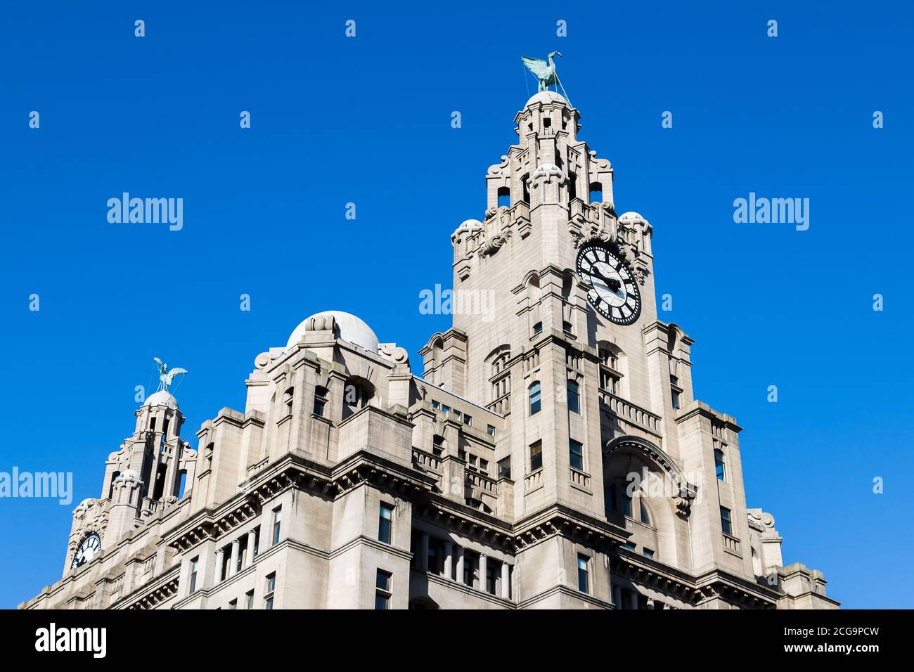 Royal Liver Building seen under a clear blue sky during September 2020 ...