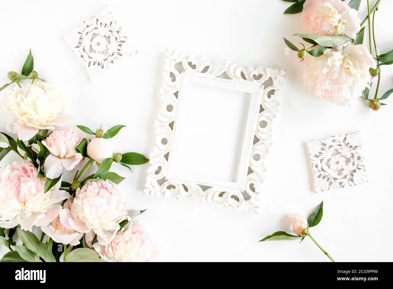 Carved, white frame decorated of beautiful pink peonies on white ...