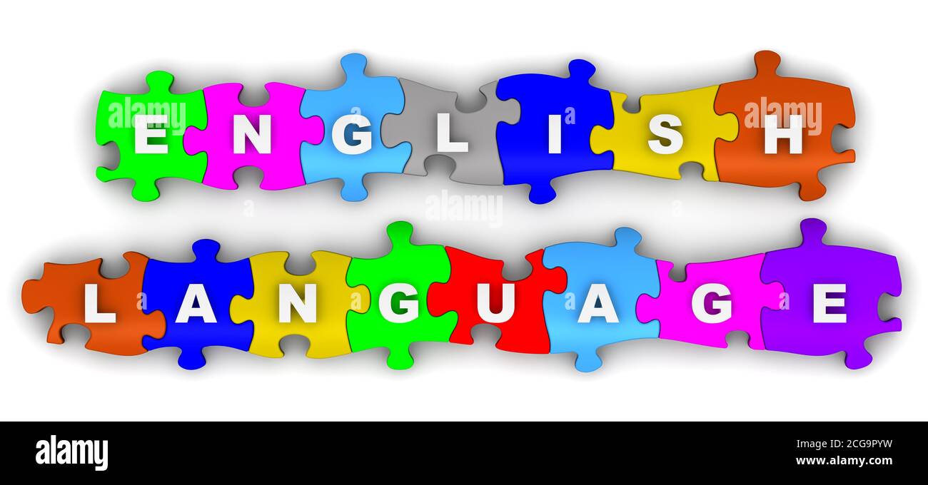 English language. Text on the multicolored puzzles. The white text ...
