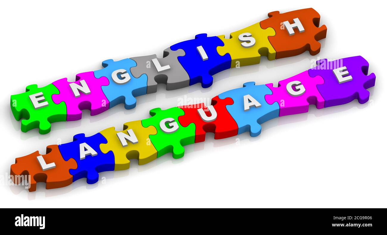 English language. Text on the multicolored puzzles. The white text ...