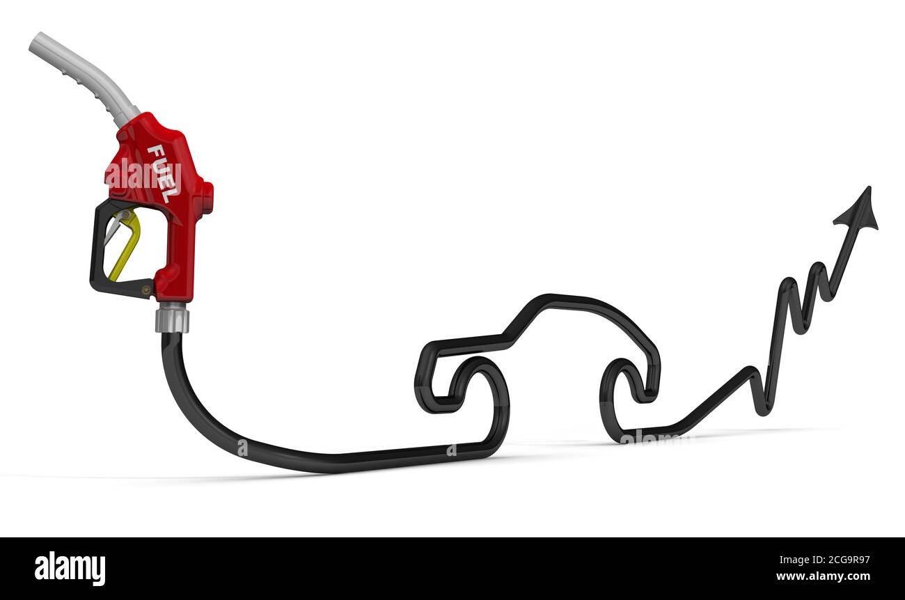 The chart of the growth in gasoline prices. Red car refueling nozzle ...