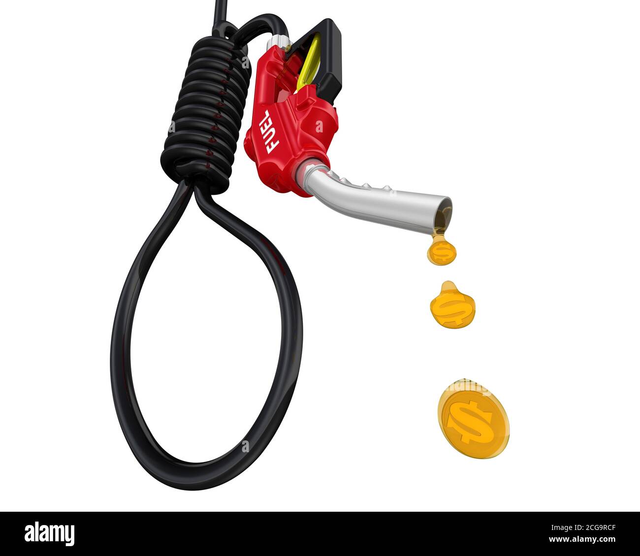 Red refueling gun with black hose in the shape of noose and drops of ...