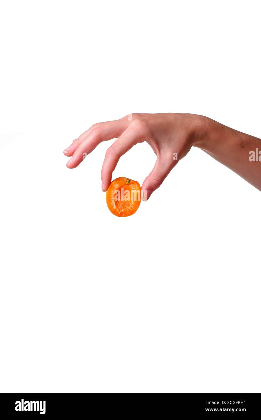 Female hand with tasty apricot on white background. Cream for hands and ...